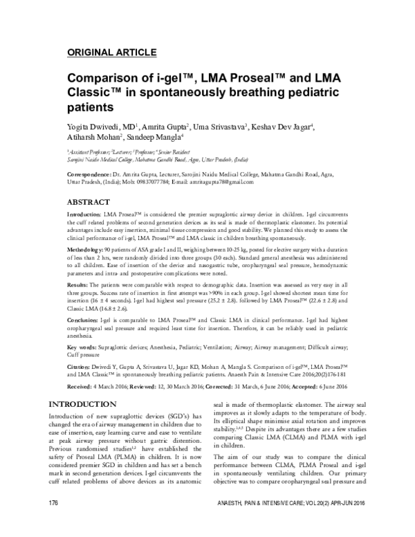 Pdf Comparing Supraglottic Devices In Pediatrics