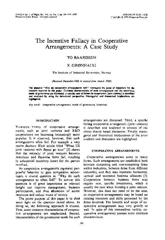 (PDF) The incentive fallacy in cooperative arrangements: A case study