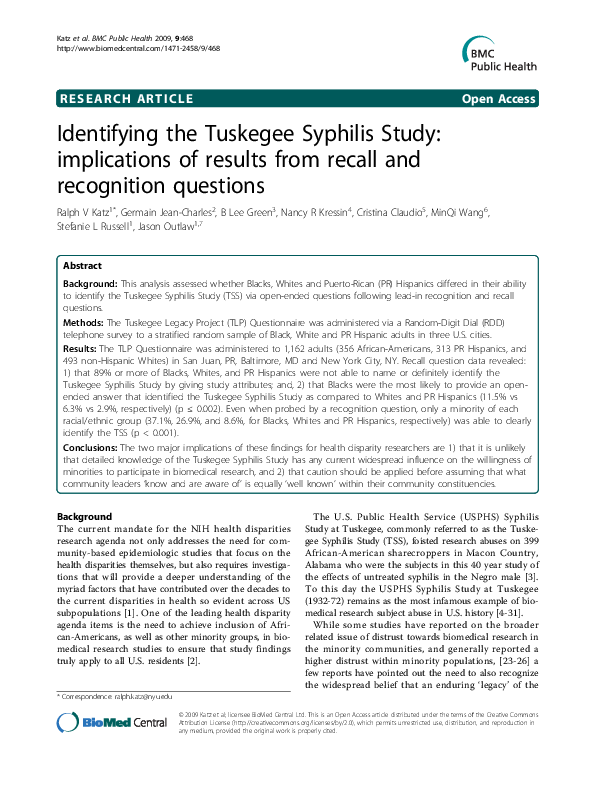 (PDF) Identifying the Tuskegee Syphilis Study: implications of results ...