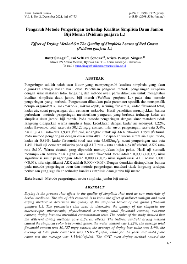 (PDF) PENGARUH METODE PENGERINGAN TERHADAP KUALITAS SIMPLISIA DAUN ...