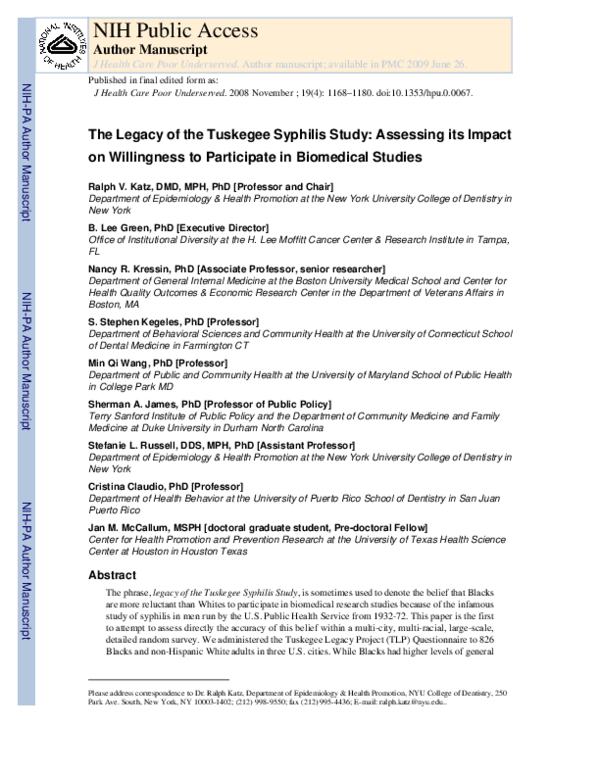 (PDF) The Legacy of the Tuskegee Syphilis Study: Assessing its Impact ...