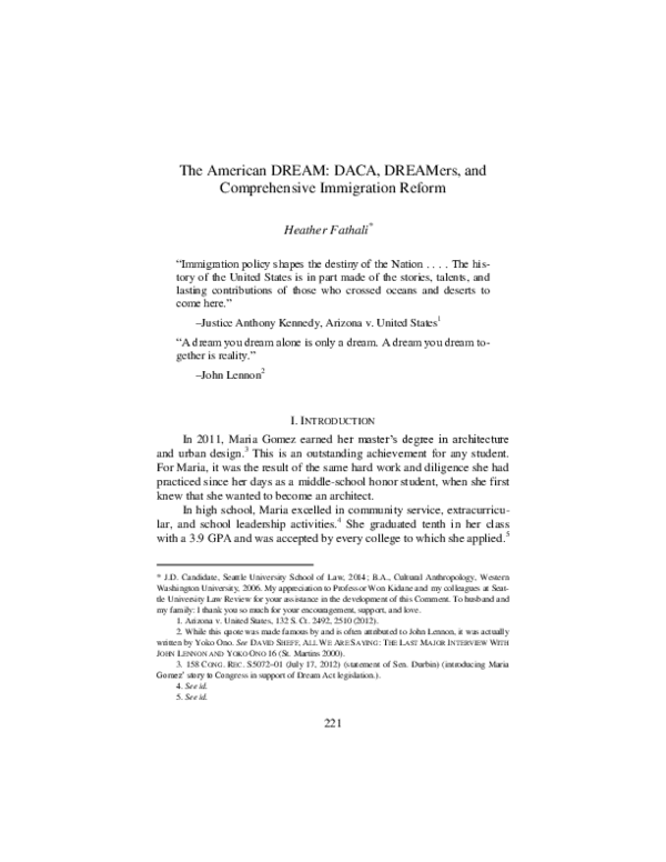 (PDF) The American DREAM: DACA, DREAMers, and Comprehensive Immigration ...