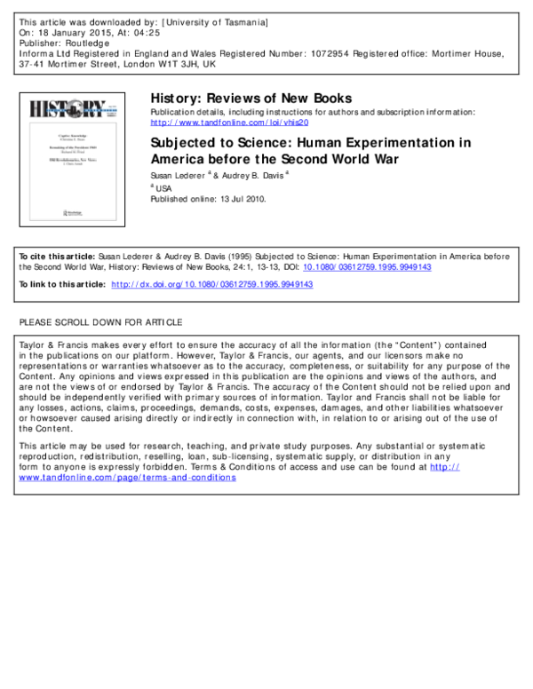 (PDF) Subjected to Science: Human Experimentation in America before the ...