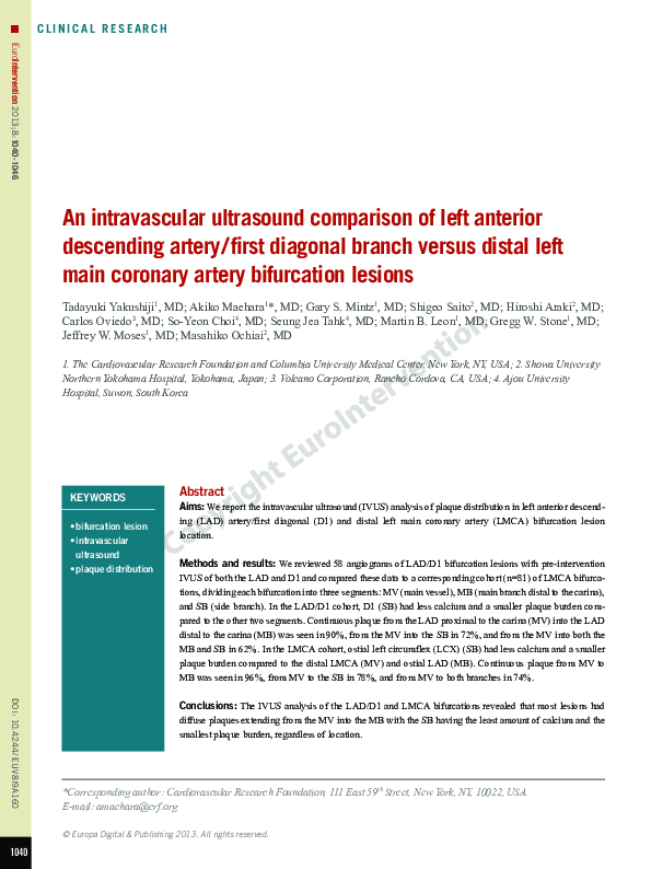 (PDF) IVUS Analysis of LAD/D1 vs LMCA Bifurcation Lesions