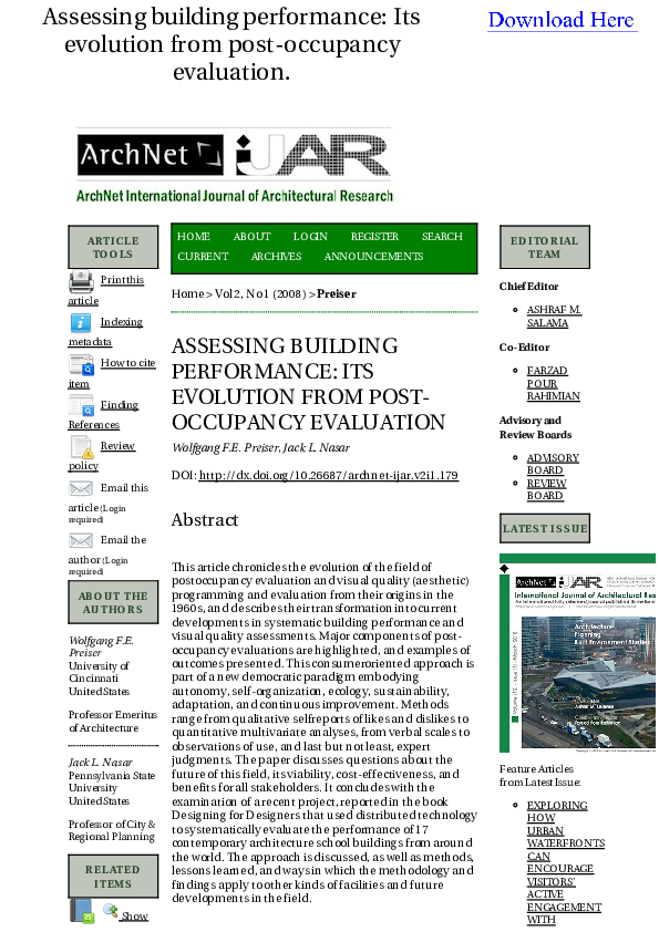 (PDF) Assessing Building Performance: Its Evolution from Post-Occupancy ...