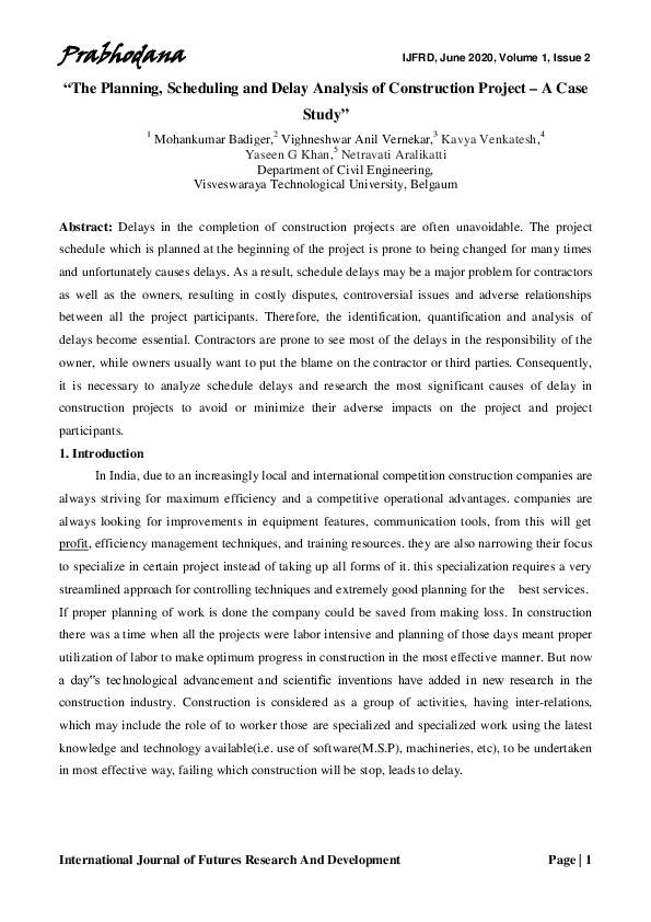 (PDF) “The Planning, Scheduling and Delay Analysis of Construction Project – A Case Study”