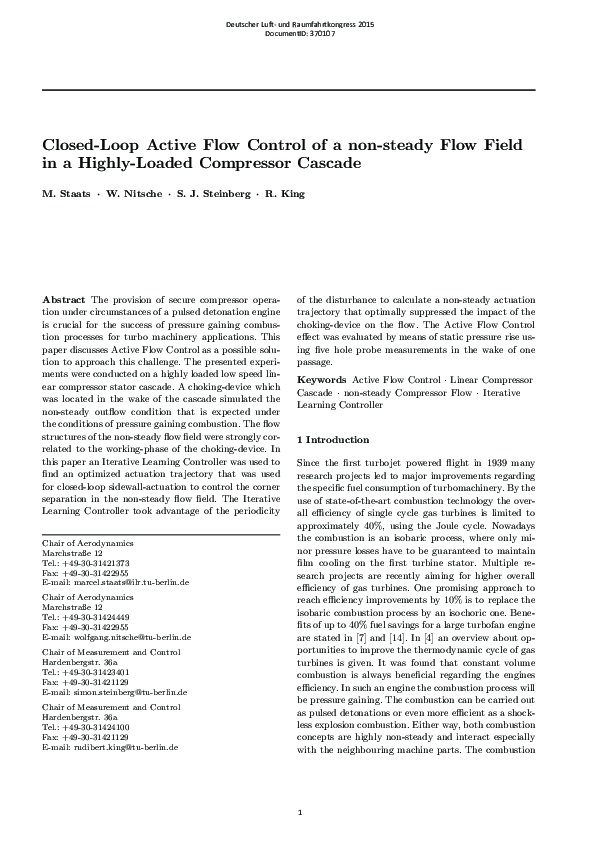 (PDF) Closed-loop active flow control of a non-steady flow field in a highly-loaded compressor ...