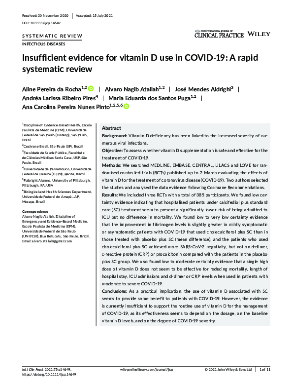 (PDF) Insufficient evidence for vitamin D use in COVID‐19: A rapid ...