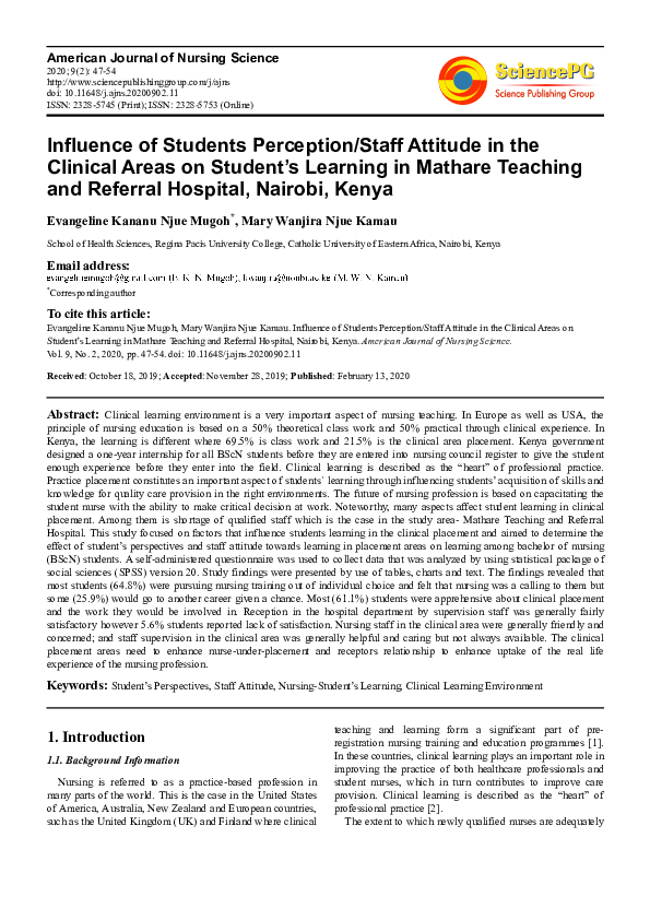 (PDF) Influence of Students Perception/Staff Attitude in the Clinical Areas on Student’s ...
