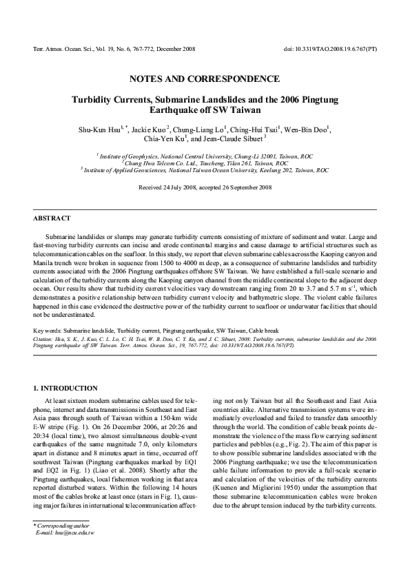 (PDF) 2 . Cable Breaks and Velocity of Turbidity Currents and Submarine ...