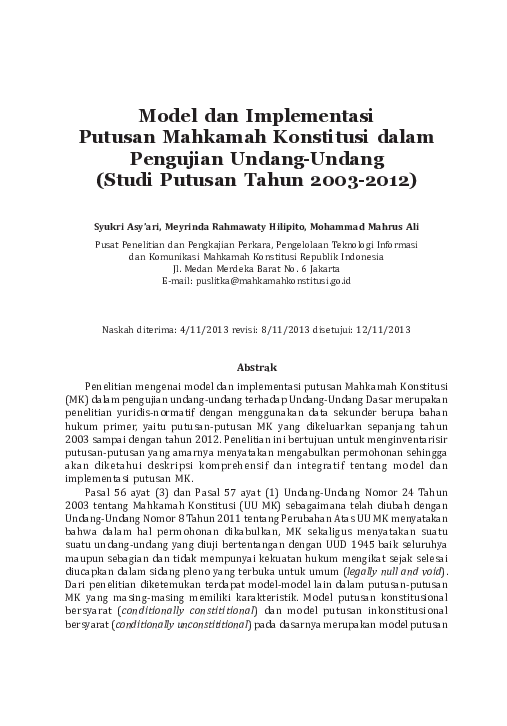 (PDF) Model dan Implementasi Putusan Mahkamah Konstitusi dalam Pengujian Undang-Undang (Studi ...