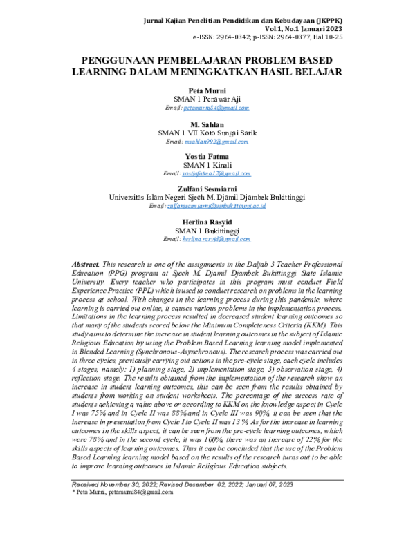(PDF) Penggunaan Pembelajaran Problem Based Learning Dalam Meningkatkan Hasil Belajar