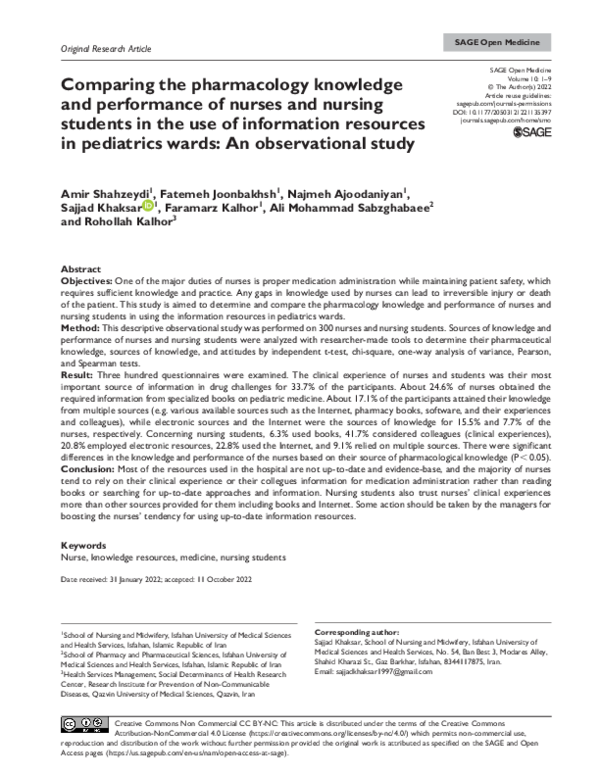 (PDF) Comparing the pharmacology knowledge and performance of nurses and nursing students in the ...