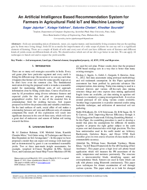 Pdf An Artificial Intelligence Based Recommendation System For Farmers In Agricultural Field