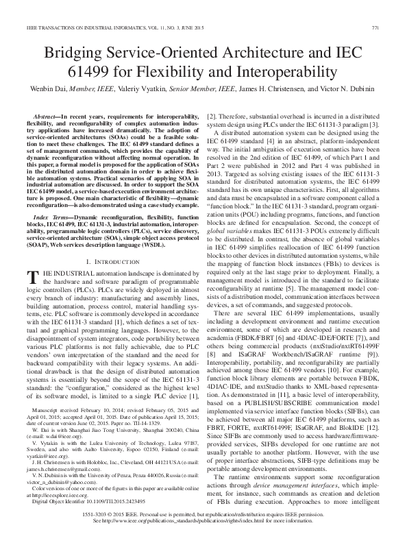 (PDF) Bridging Service-Oriented Architecture and IEC 61499 for Flexibility and Interoperability