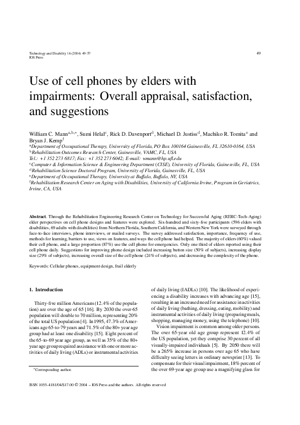 (PDF) Use of cell phones by elders with impairments: Overall appraisal ...