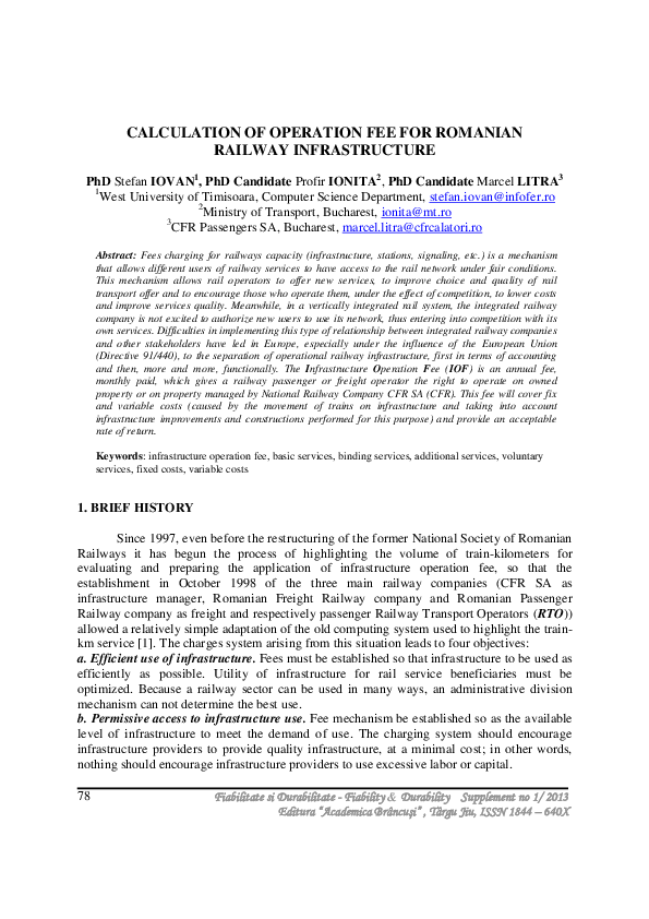 Calculation of Operation Fee for Romanian Railway Infrastructure