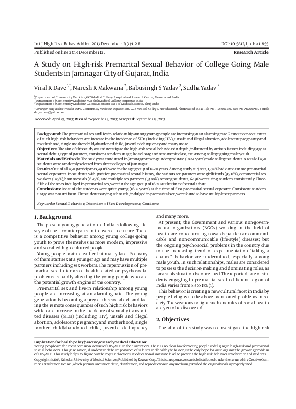 (PDF) A Study on High-risk Premarital Sexual Behavior of College Going Male Students in Jamnagar ...