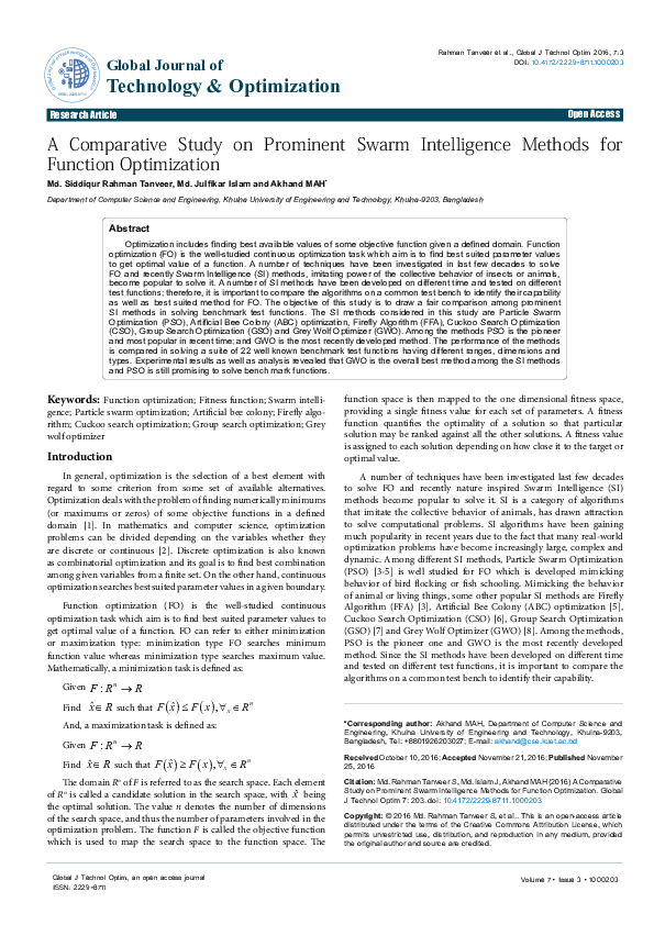 (PDF) A Comparative Study on Prominent Swarm Intelligence Methods for Function Optimization