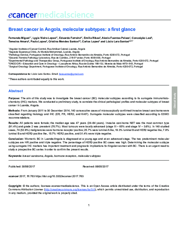 (PDF) Breast cancer in Angola, molecular subtypes: a first glance ...
