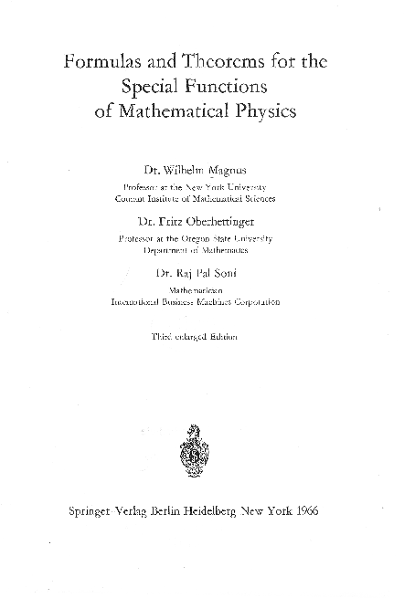 (PDF) Formulas and Theorems for the Special Functions of Mathematical Physics