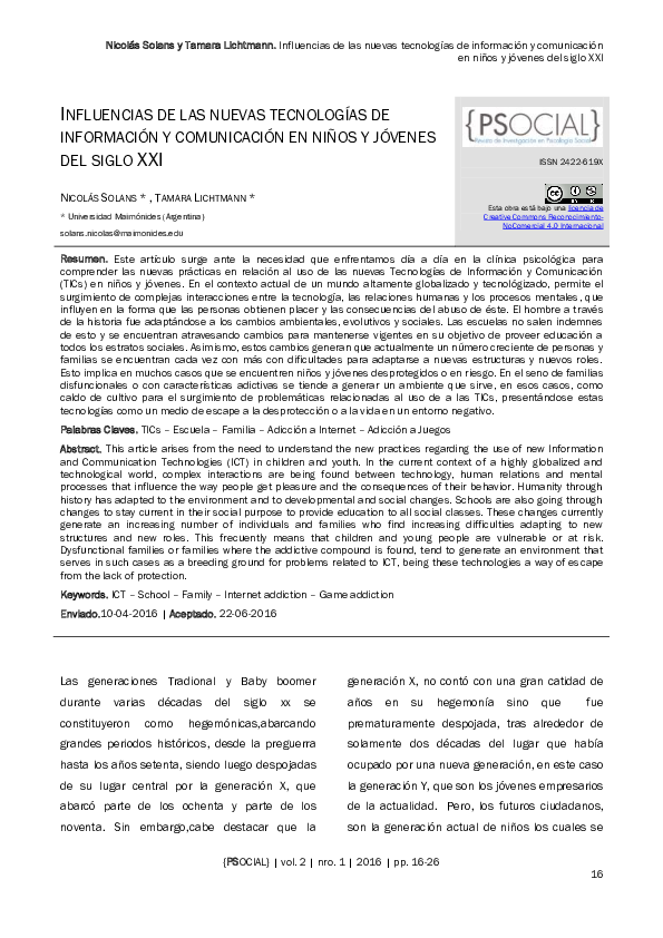 (PDF) Influencias de las nuevas tecnologías de información y comunicación en niños y jóvenes del ...