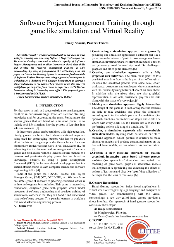 (PDF) Software Project Management Training through game like simulation and Virtual Reality