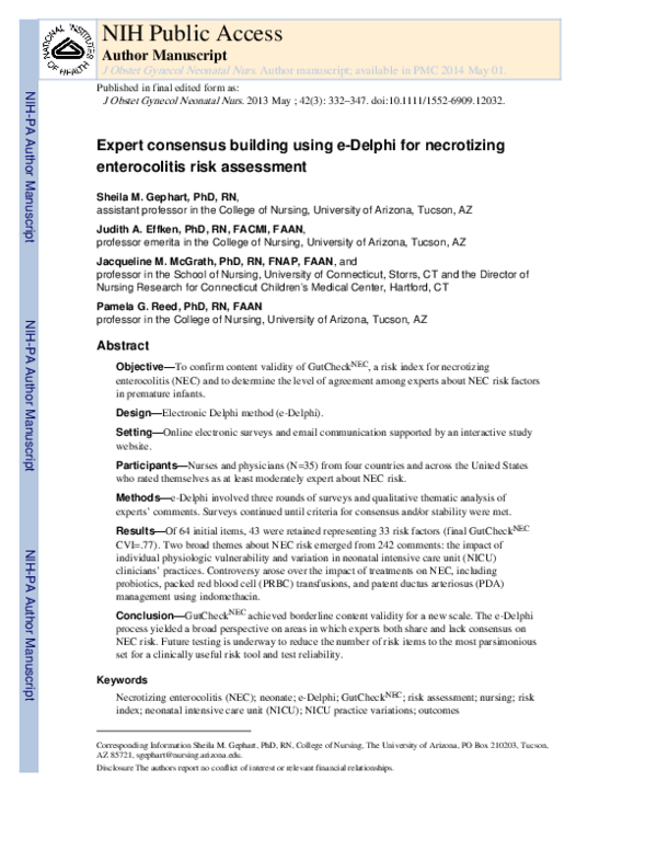 (PDF) Expert Consensus Building using e‐Delphi for Necrotizing Enterocolitis Risk Assessment