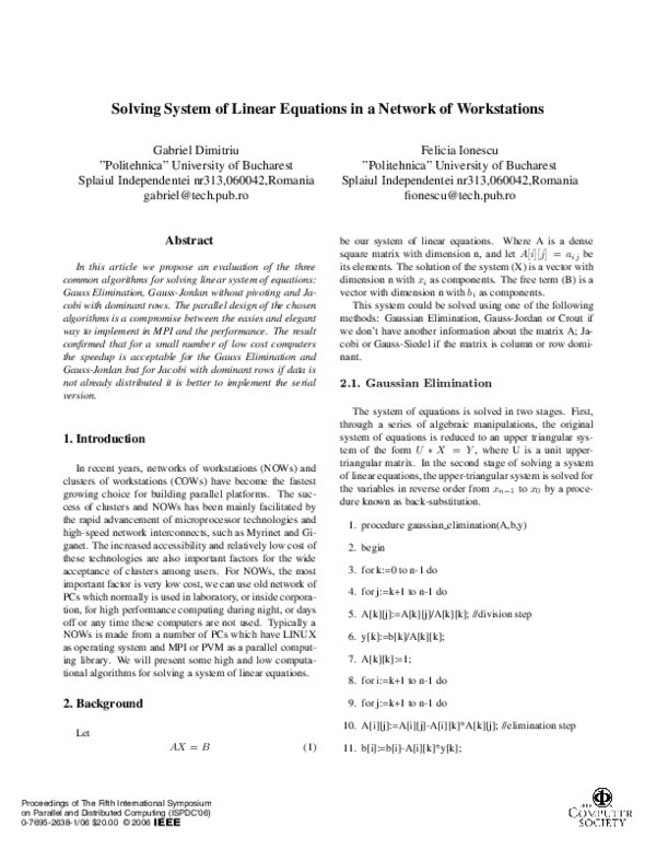 (PDF) Solving System of Linear Equations in a Network of Workstations