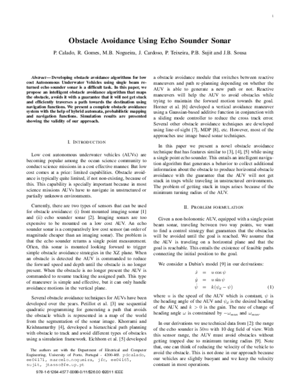 Pdf Obstacle Avoidance Using Echo Sounder Sonar Joao Sousa