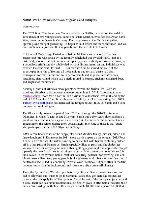 (PDF) Netflix's "The Swimmers," War, Migrants, and Refugees