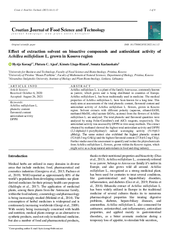 (PDF) Effect of extraction solvent on bioactive compounds and antioxidant activity of Achillea ...