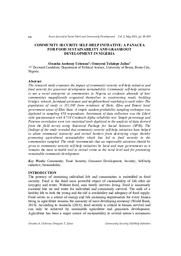 (PDF) COMMUNITY SECURITY SELF-HELP INITIATIVE: A PANACEA FOR FOOD SUSTAINABILITY AND GRASSROOT ...