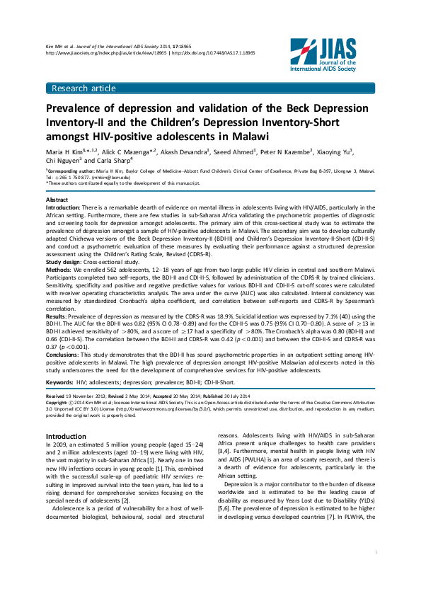 (PDF) Prevalence of depression and validation of the Beck Depression ...