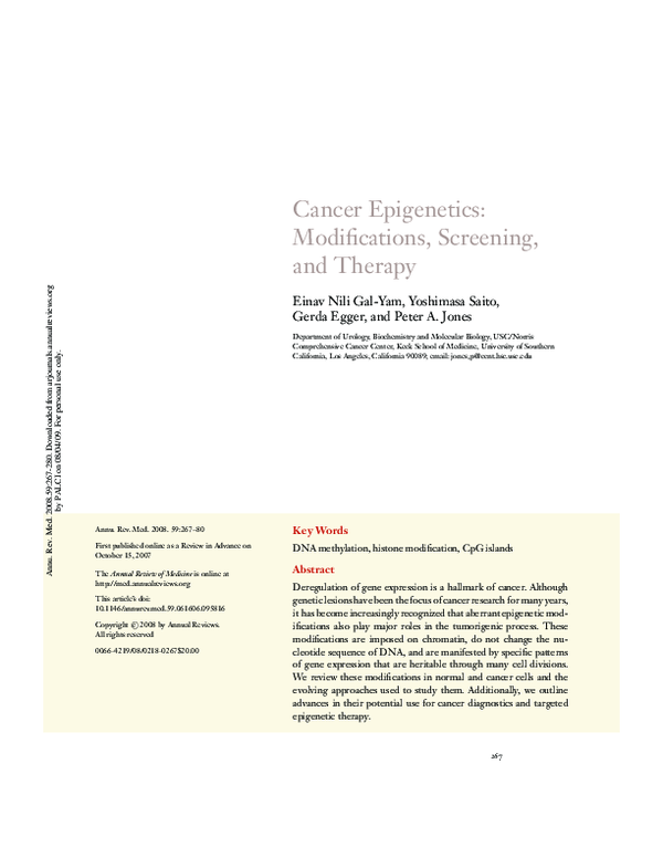 (PDF) Cancer Epigenetics: Modifications, Screening, and Therapy
