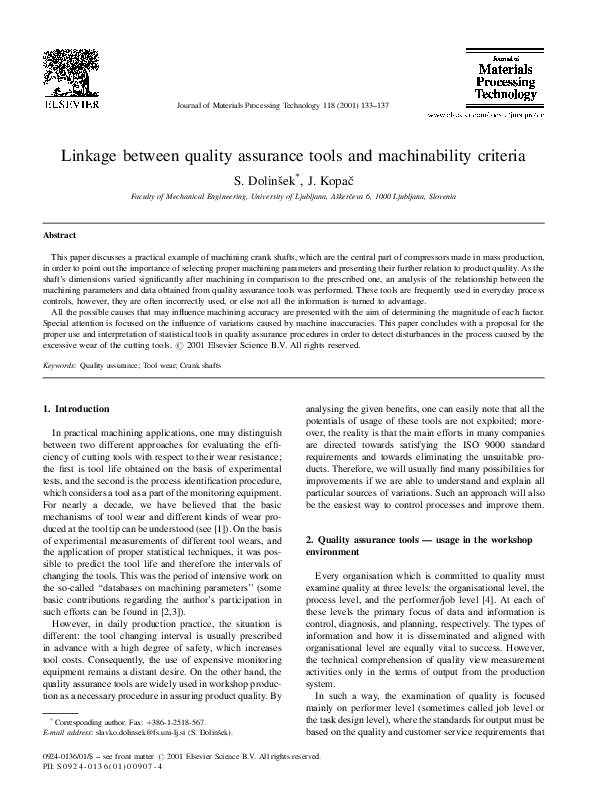 (PDF) Linkage between quality assurance tools and machinability criteria