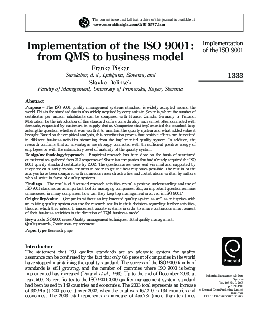 (PDF) Implementation of the ISO 9001: from QMS to business model