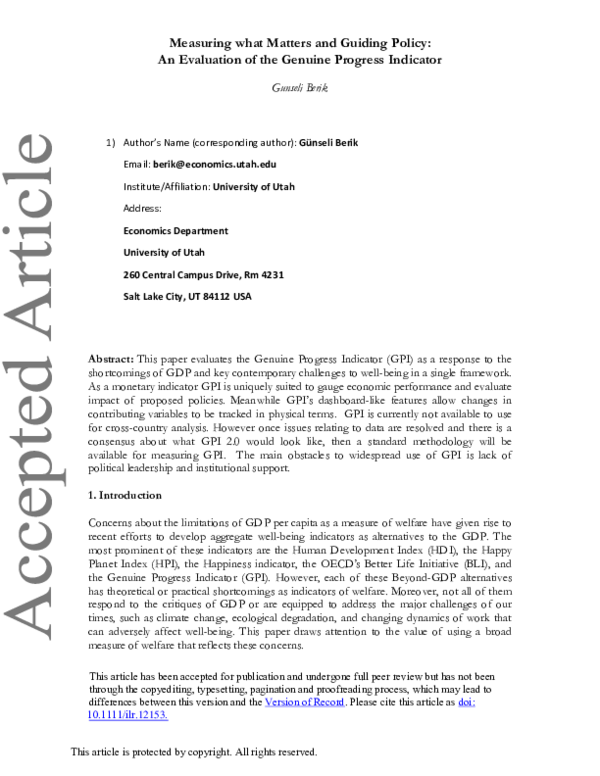 (PDF) Evaluating the Genuine Progress Indicator