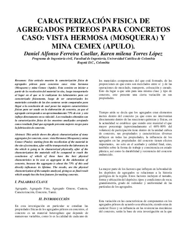 (PDF) Caracterización física de agregados pétreos para concretos caso: Vista Hermosa (Mosquera ...