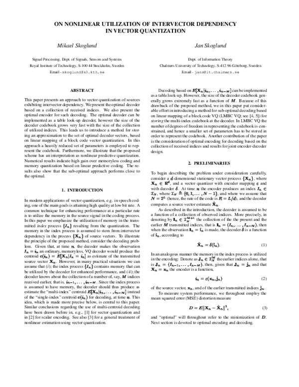 (PDF) On nonlinear utilization of intervector dependency in vector quantization