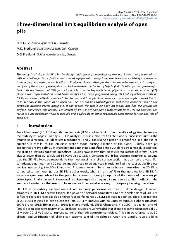 (PDF) Three-dimensional limit equilibrium analysis of slopes