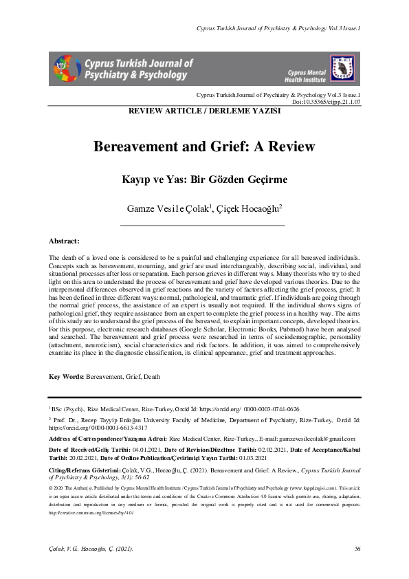 (PDF) Bereavement and Grief: A Review