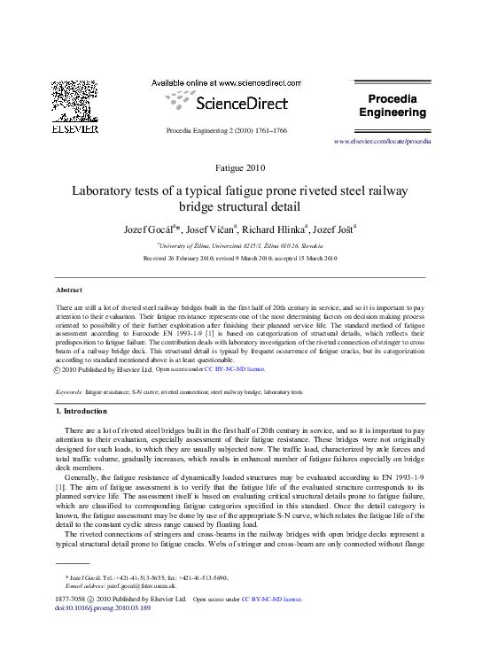 (PDF) Laboratory tests of a typical fatigue prone riveted steel railway ...
