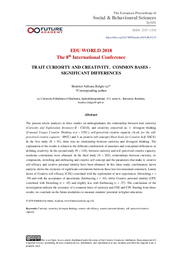 (PDF) Trait Curiosity And Creativity. Common Bases - Significant Differences