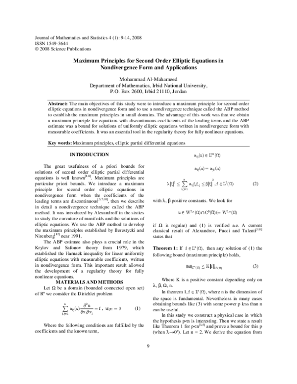 Pdf Maximum Principles For Second Order Elliptic Equations In Nondivergence Form And Applications