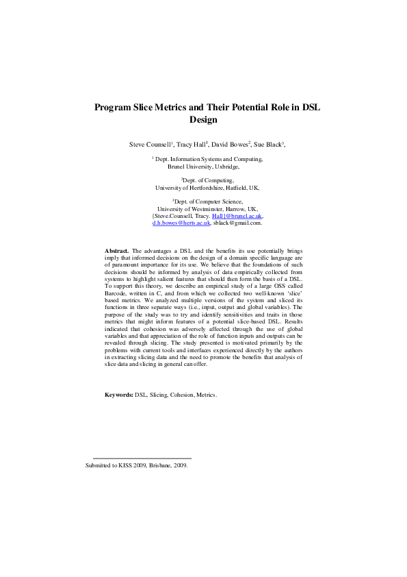 (PDF) Program Slice Metrics and Their Potential Role in DSL Design
