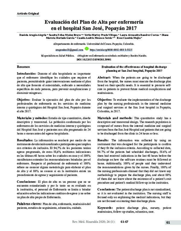 (PDF) Evaluación del plan de alta por enfermería en el hospital San ...