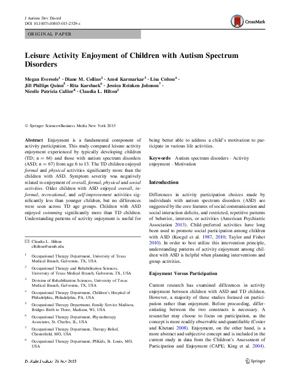 (PDF) Leisure Activity Enjoyment of Children with Autism Spectrum Disorders
