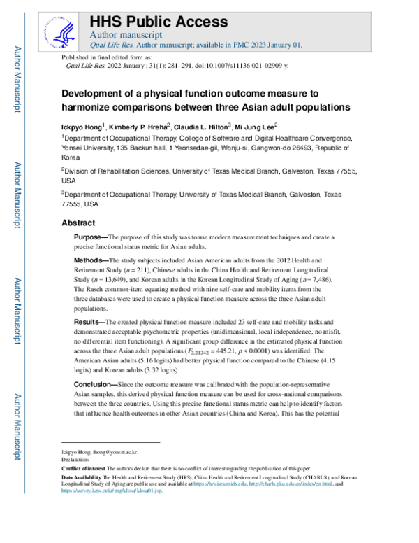 (PDF) Development of a physical function outcome measure to harmonize ...