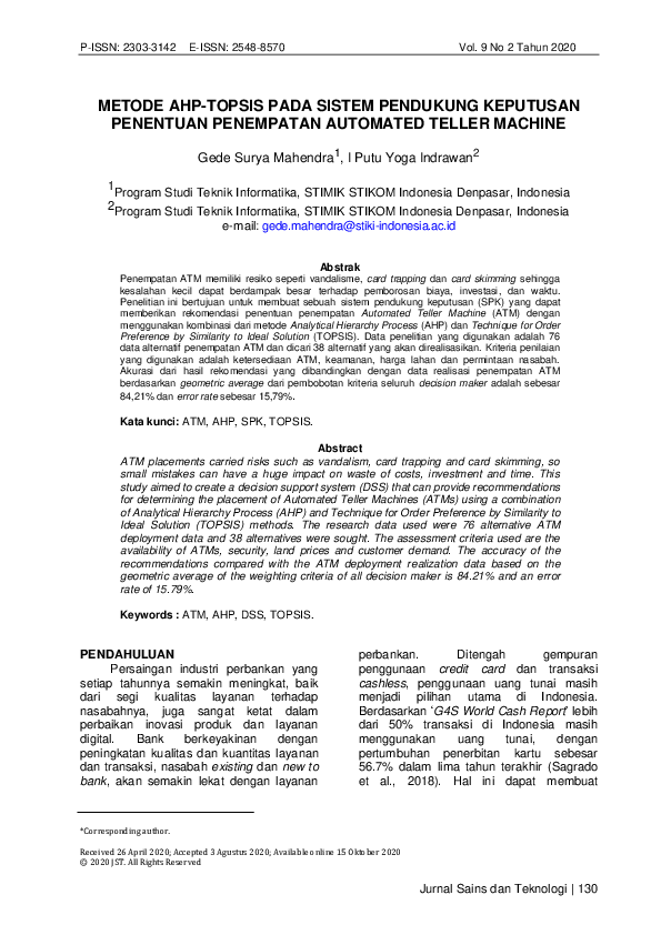 (PDF) Metode Ahp-Topsis Pada Sistem Pendukung Keputusan Penentuan Penempatan Atm